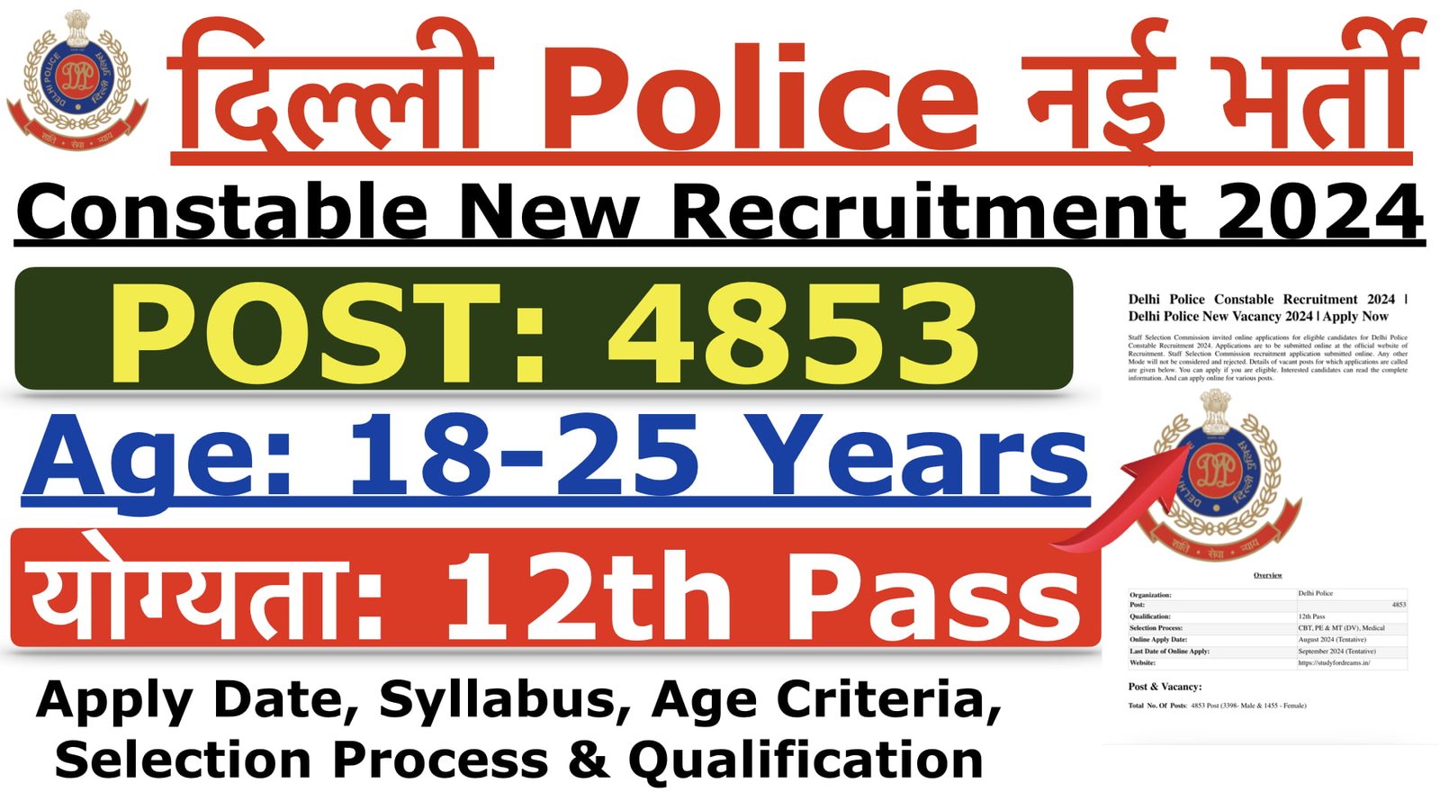 Delhi Police Constable Recruitment 2024 > Age, Syllabus & Criteria - Study For Dreams