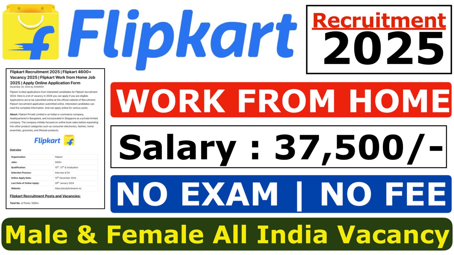 Flipkart Recruitment 2025 >> Work from Home Job