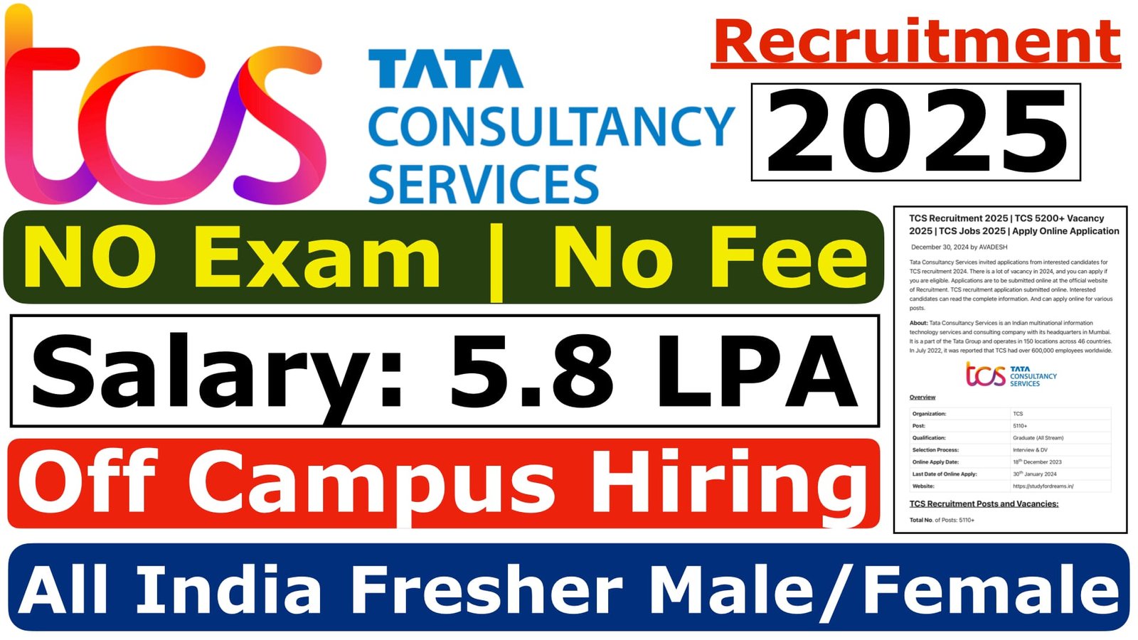 TCS Recruitment 2025 >> Off Campus Hiring Opportunity